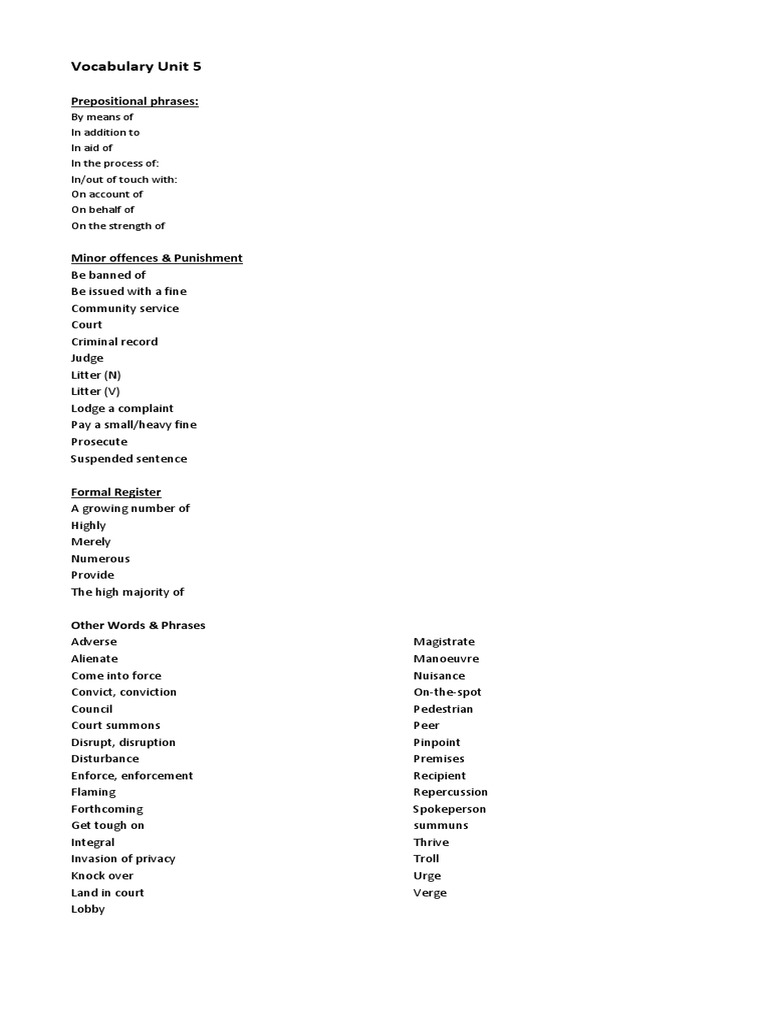 KRTR11 - Vocabulary LIST Unit 5 | PDF