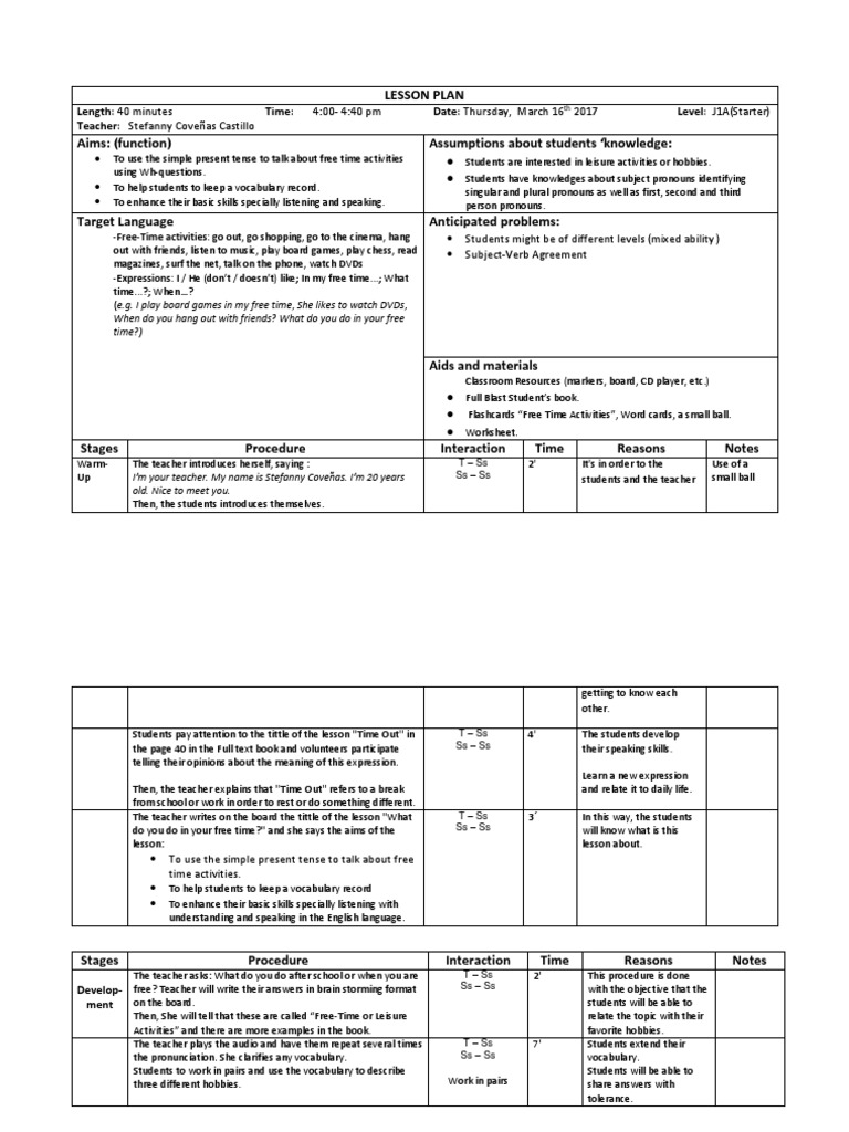Lesson Plan Time Out | PDF | Question | Vocabulary
