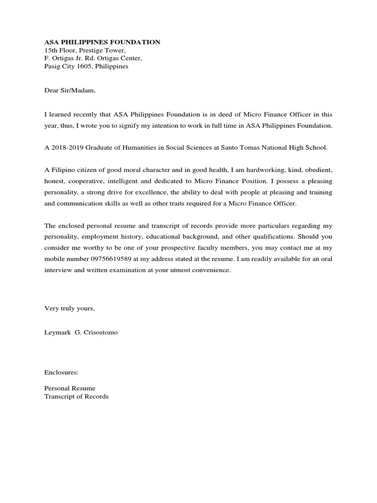 Application for the Position of Micro Finance Officer at ASA ...