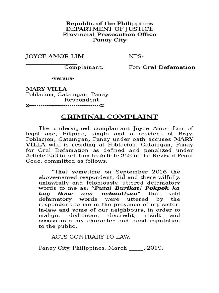 Oral Defamation Complaint in Panay | PDF | Defamation | Affidavit