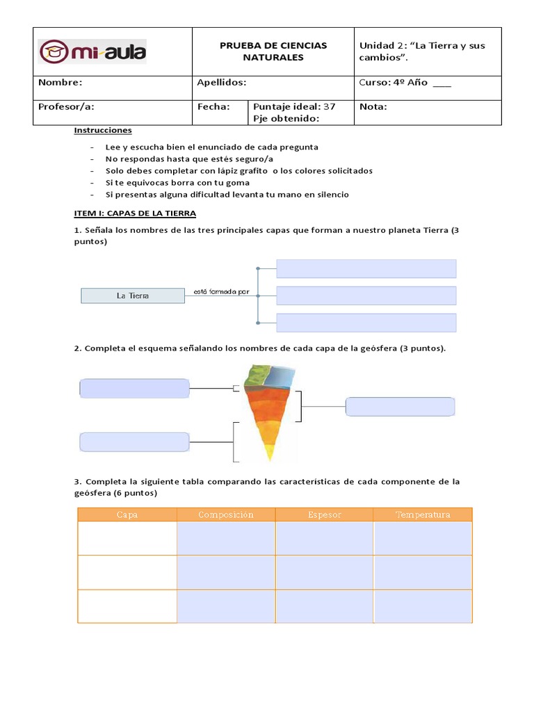 Prueba de Ciencias Naturales: Tierra y Placas | PDF | Estructura de la ...