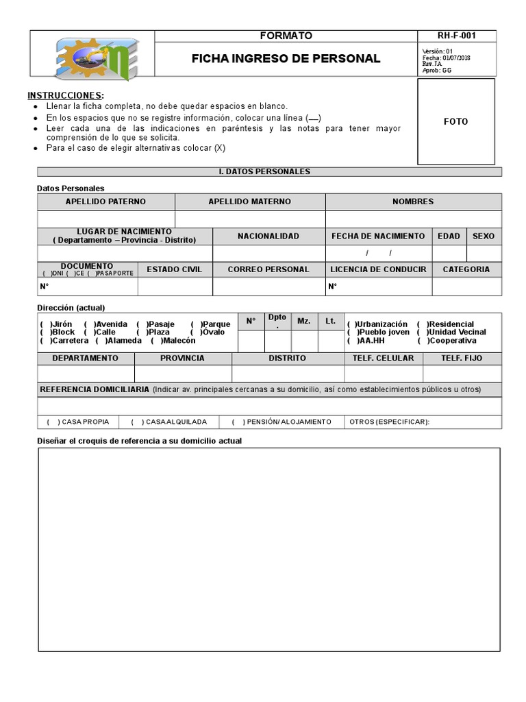 RH-F-001 - Ficha de Ingreso de Personal | PDF | Derecho laboral | Pensión