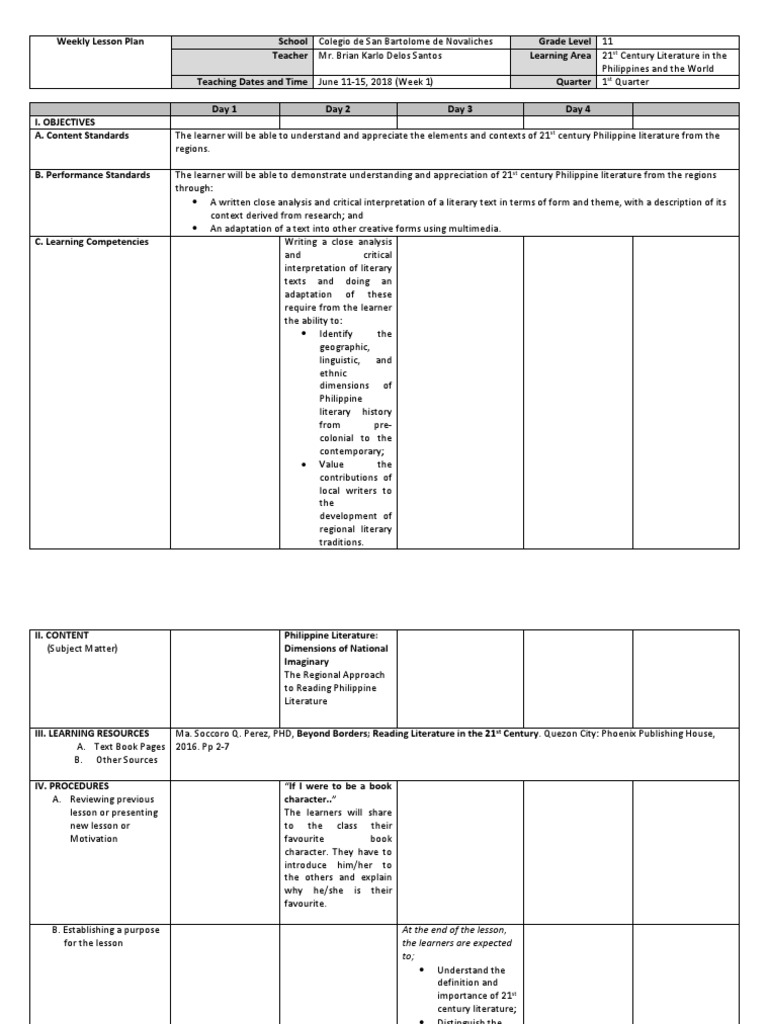 21st Century Lit Week 1 Lesson Plan | PDF | Learning | Epistemology 21st Century Lit Week 1 Lesson Plan | PDF | Learning | Epistemology
