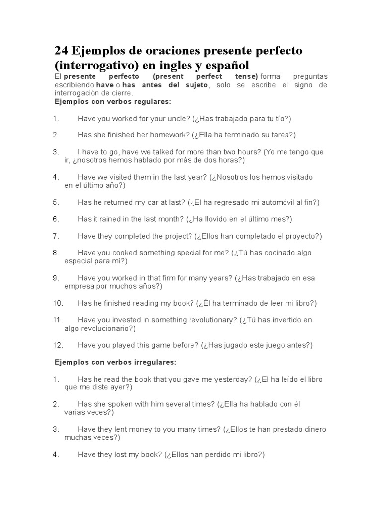 24 Ejemplos De Oraciones Presente Perfecto Pdf Idiomas