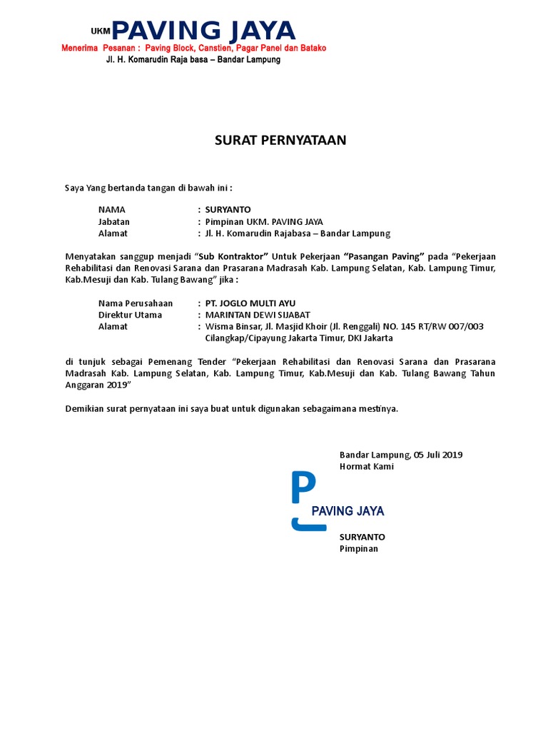 Surat Pernyataan Subkon | PDF