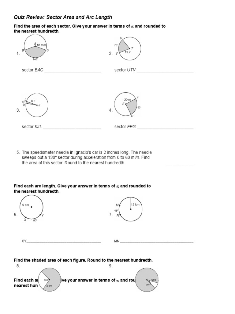 Sector Area and Arc Length Quiz Review | PDF | Teaching Methods ...