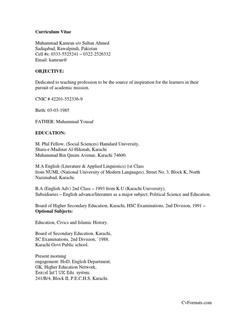 English Lecturer CV Template Word | PDF | Karachi | Academia