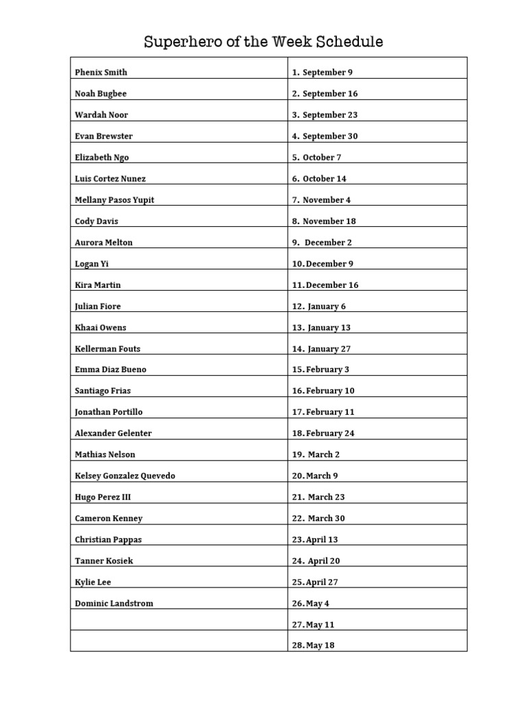 Superhero of the Week Schedule | PDF