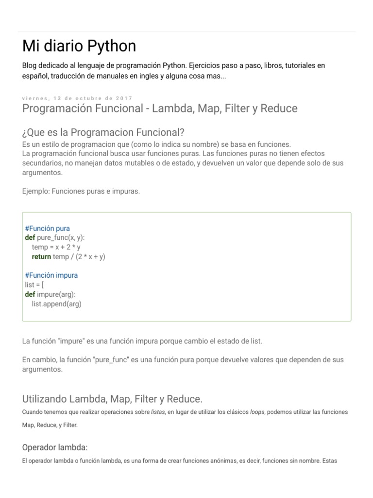Mi Diario Python - Programación Funcional - Lambda, Map, Filter y Reduce | Descargar gratis PDF ...