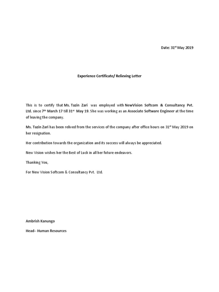 Experience Certificate for Tazin Zari | PDF | Career & Growth