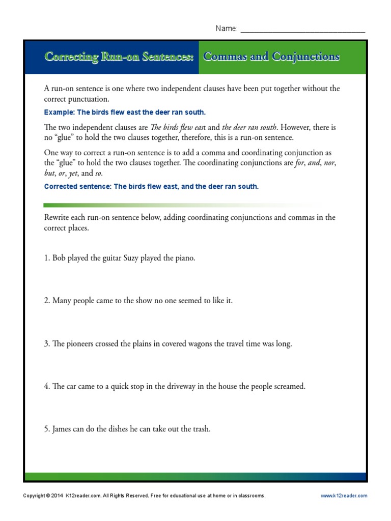 Correcting Run On Sentences Commas and Conjunctions PDF | PDF ...