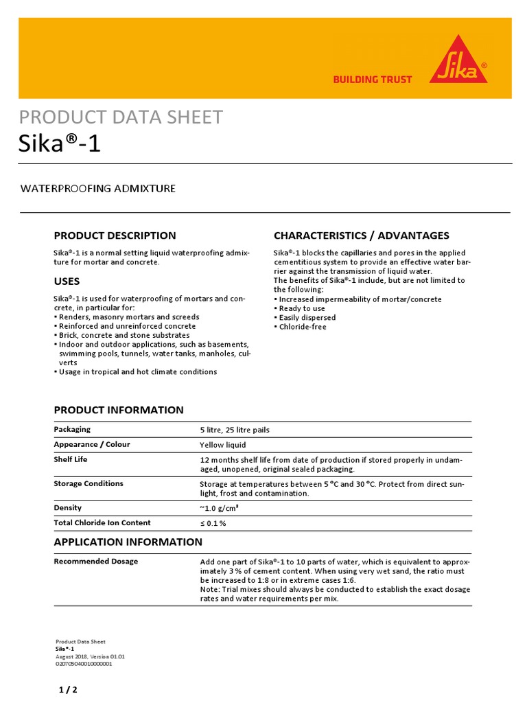 Sika 1 PDS PDF | PDF | Mortar (Masonry) | Concrete