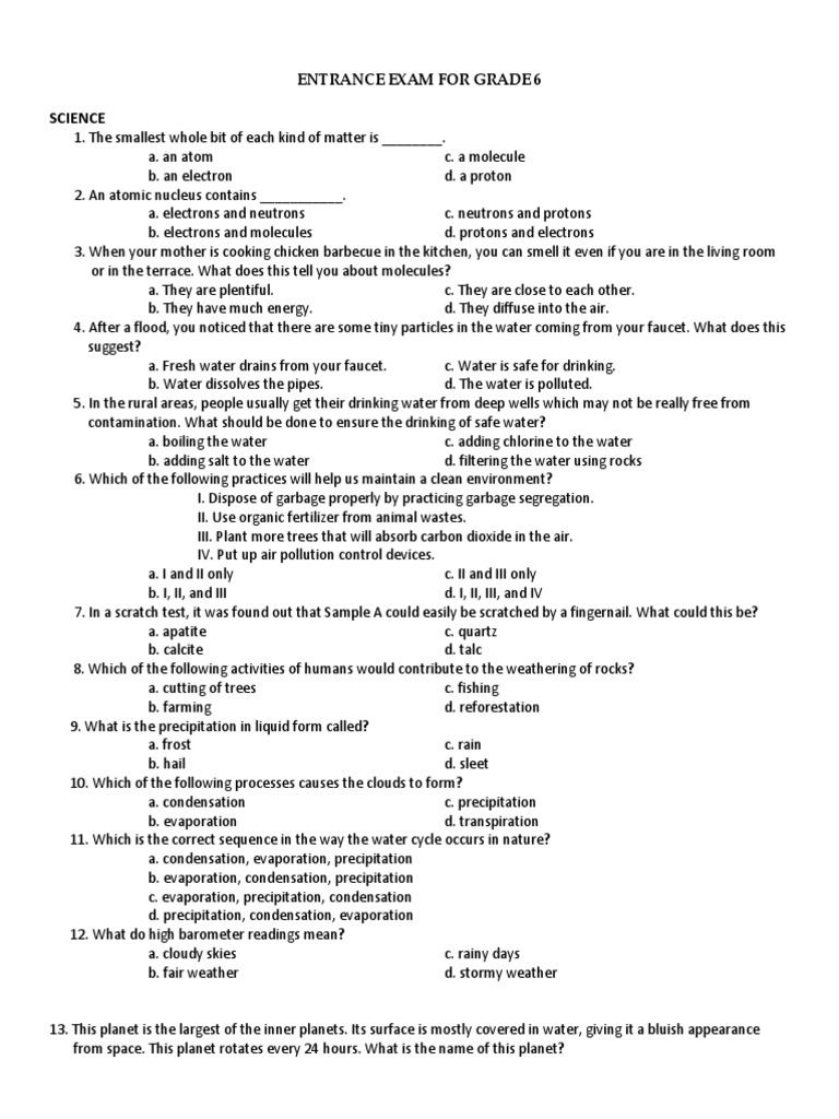 Science: Entrance Exam For Grade 6 | PDF | Precipitation | Carbon