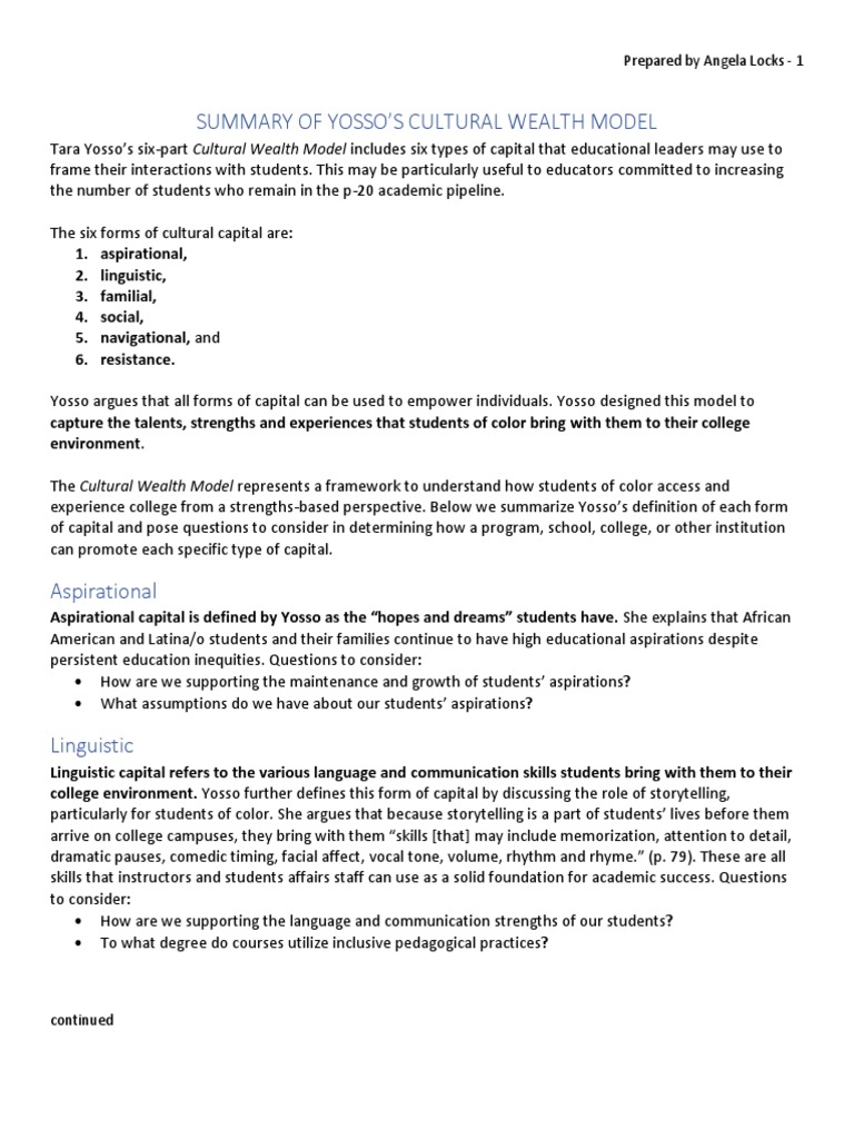 Summary of Yosso'S Cultural Wealth Model: Prepared by Angela Locks - 1 ...