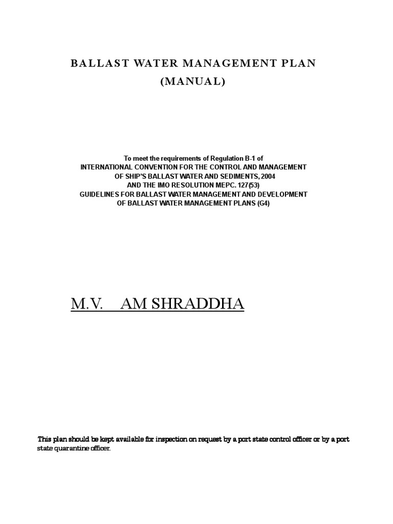 Ballast Water Management Plan for M.V. Am Shraddha | PDF | Ships | Water