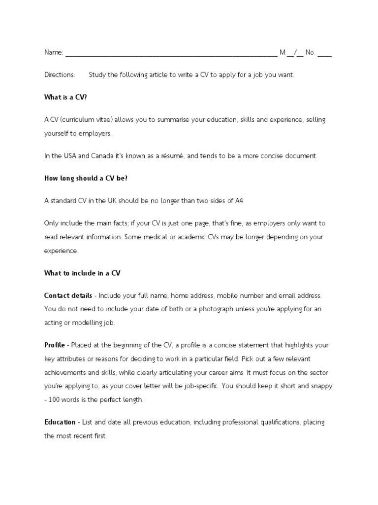 CV Writing Exercise | Download Free PDF | Résumé