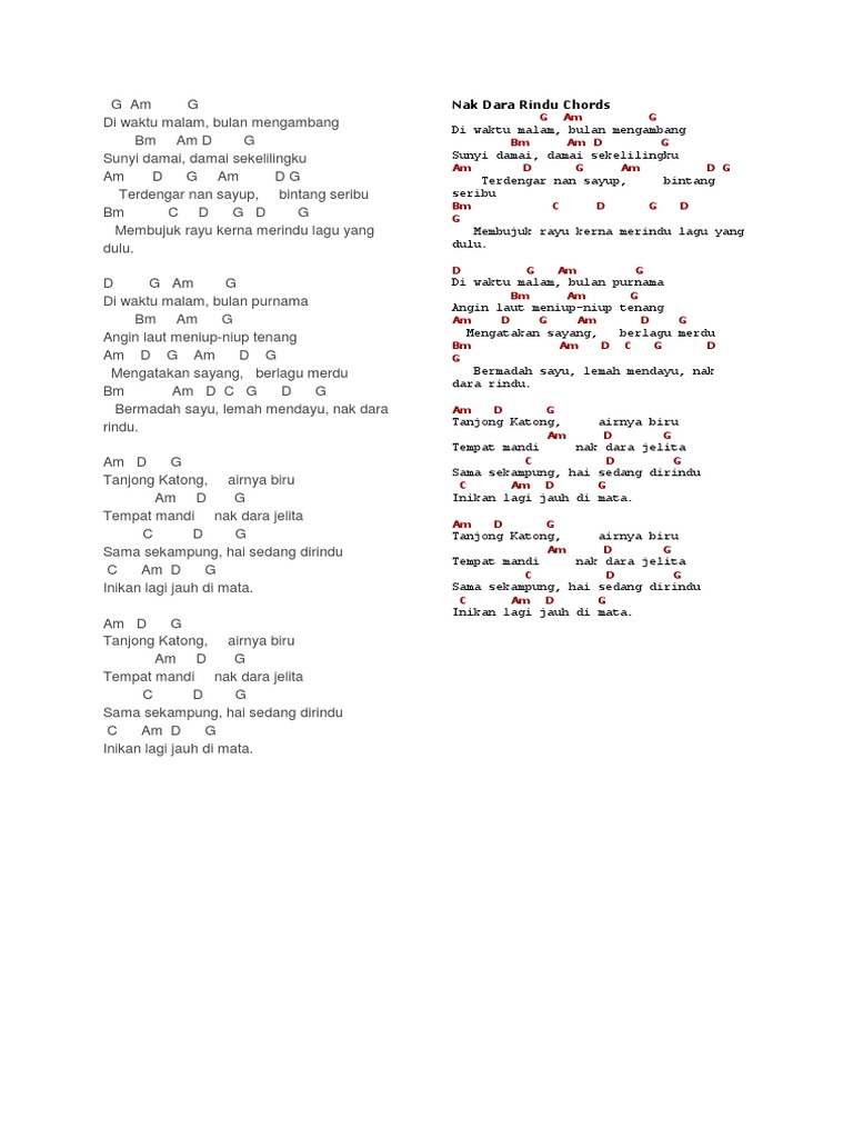 Chord Lagu Nak Dara Rindu dan Di Waktu Malam | PDF