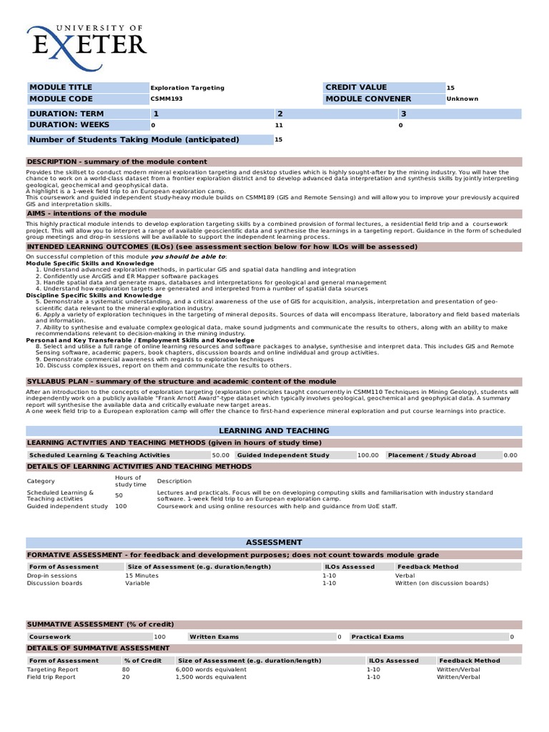 Module CSMM193 (2018) Exploration Targeting | PDF | Geographic Information System | Arc Gis