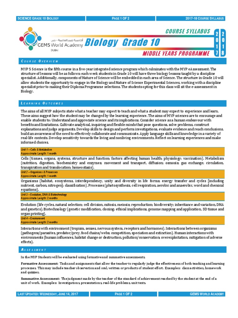 MYP BIOLOGY Syllabus | PDF | Educational Assessment | Organisms