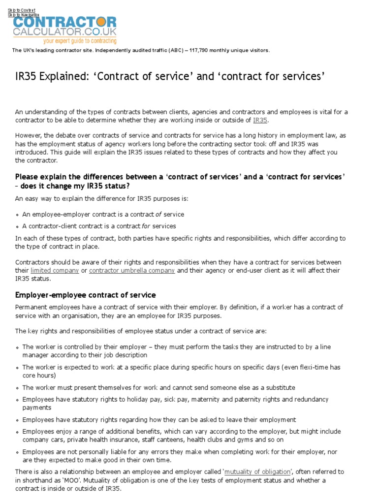Difference Between Contract of Service' and Contract For Services' in ...