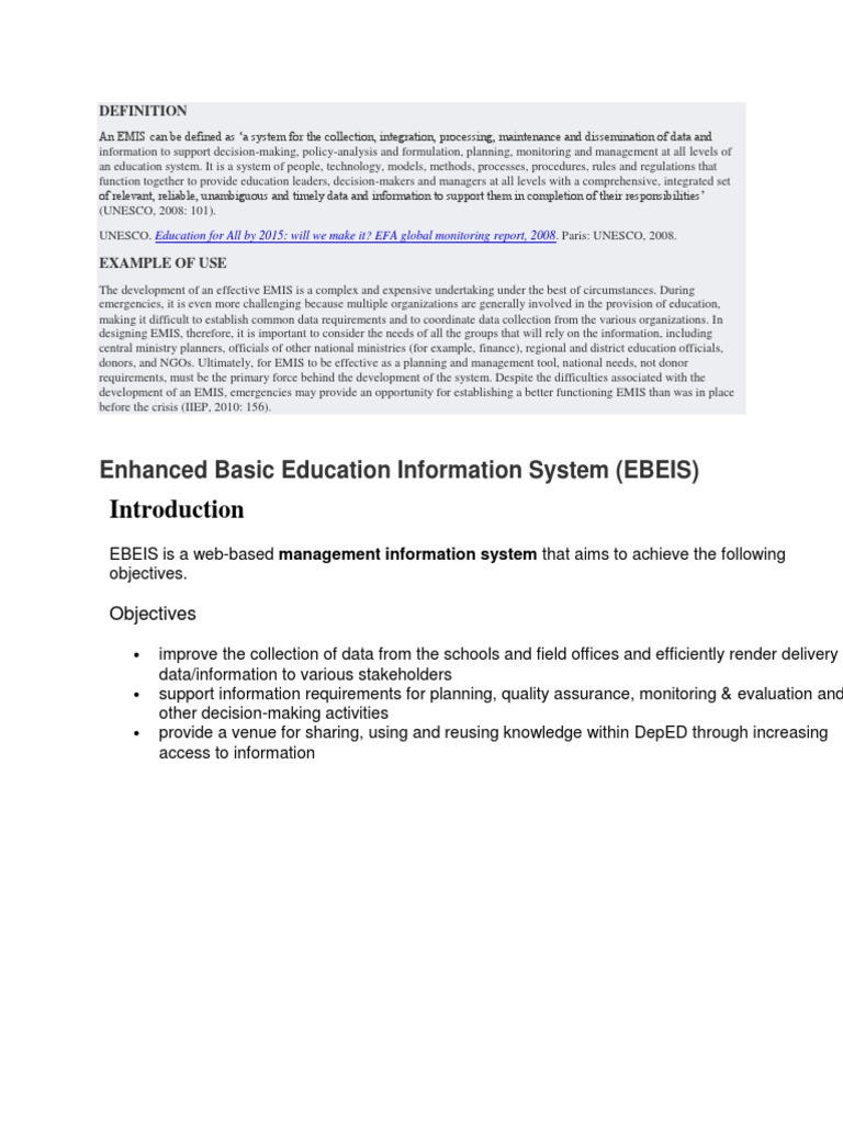 Enhanced Basic Education Information System (EBEIS) : Objectives | PDF
