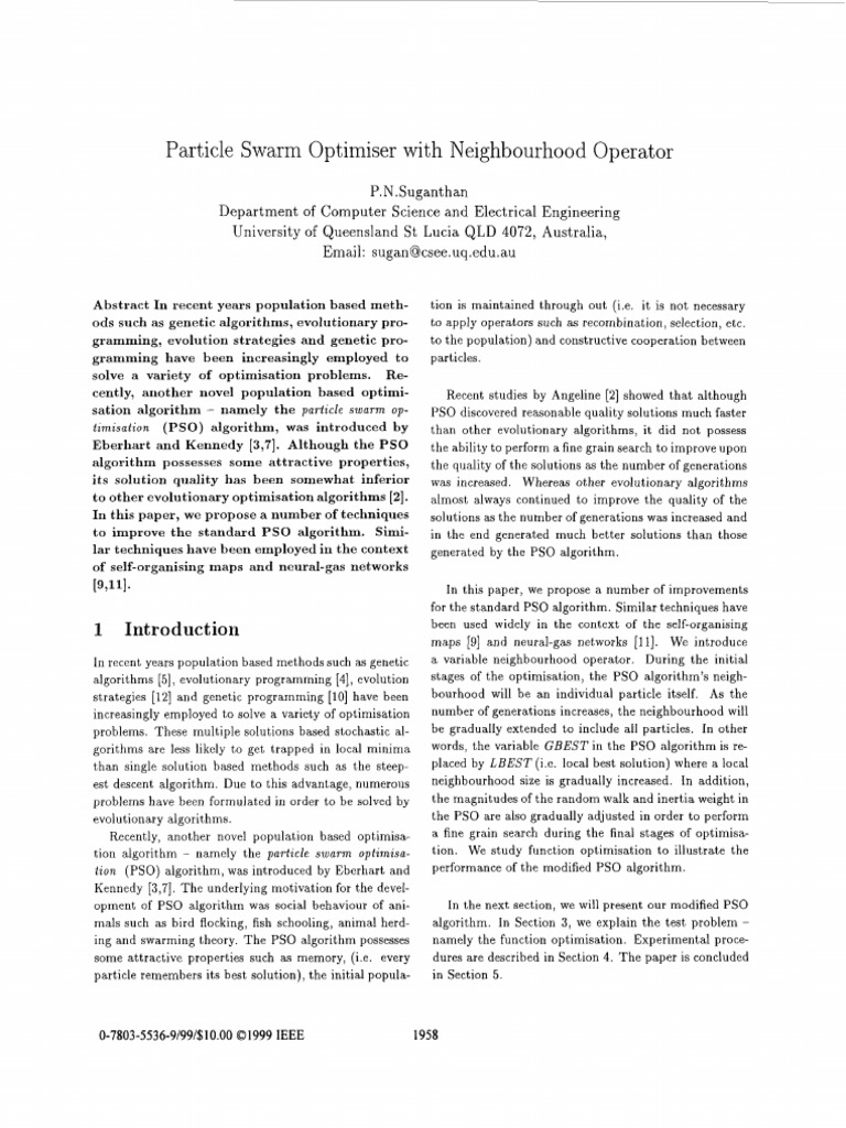 Particle Swarm Optimiser With Neighbourhood Operator | PDF | Mathematical Optimization ...