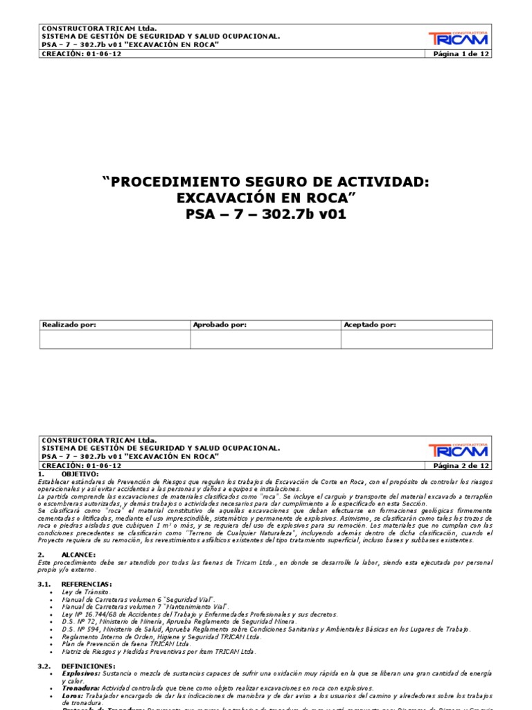 PTS Excavación en Roca | PDF | Seguridad y salud ocupacional | Roca ...