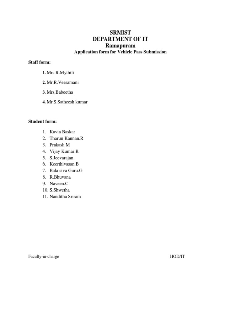 Staff Vehicle Form SRMIST | PDF