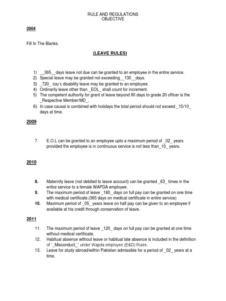 RULE & REGULATIONS Fill in The Blanks (Final) | PDF | Government ...