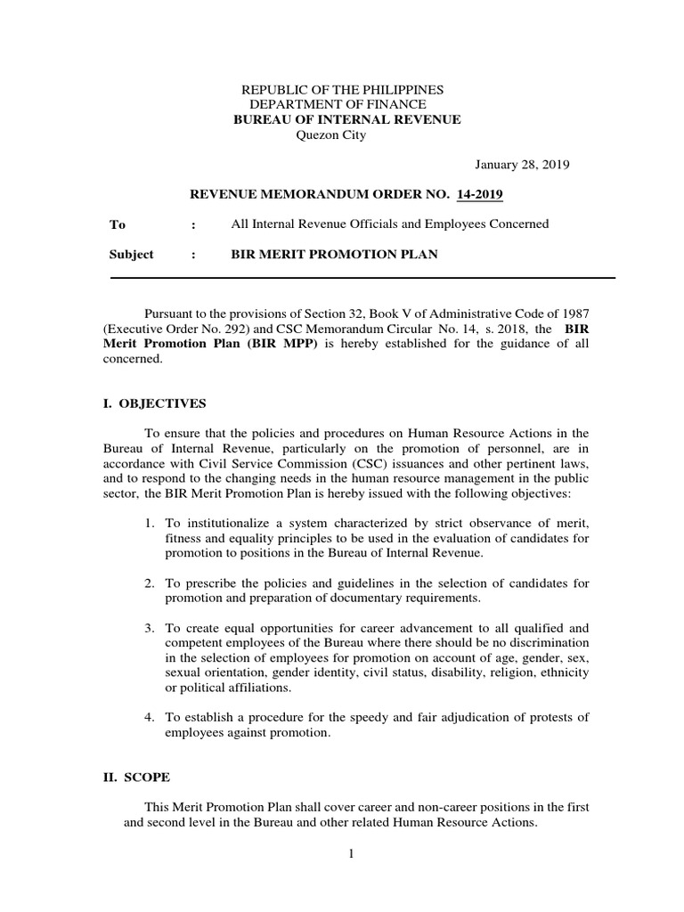 BIR Merit Promotion Plan: Establishing Policies and Procedures for Fair ...