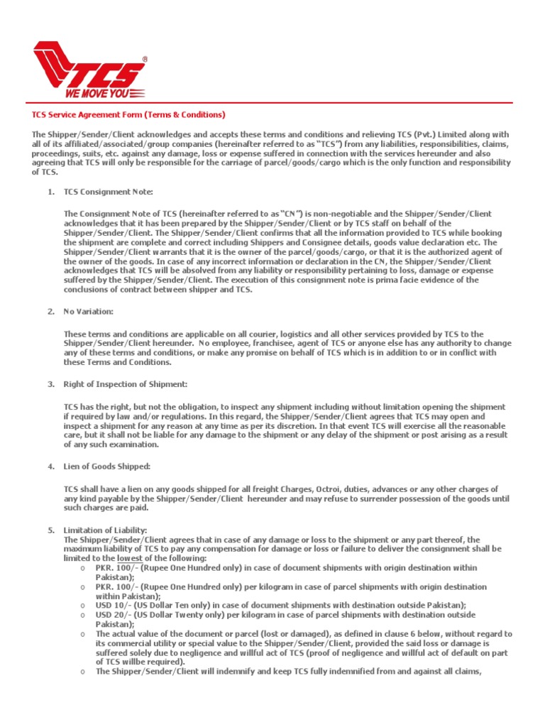 TCS Agreement Form | PDF | Cargo | Bill Of Lading