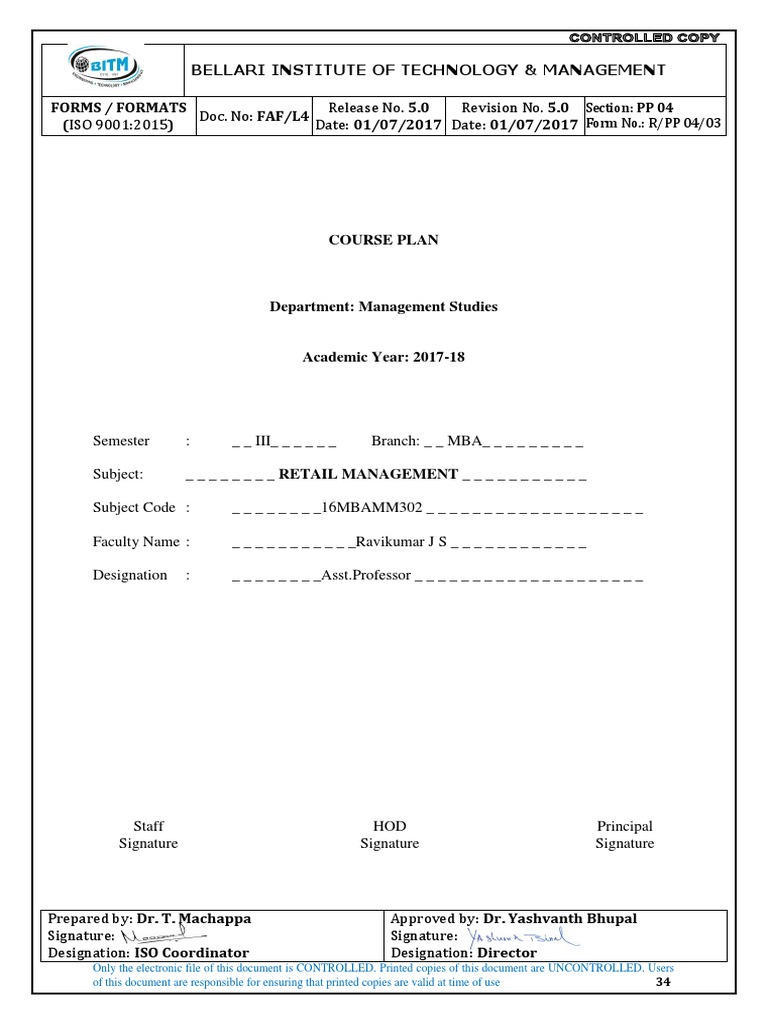 Retail Management - Course Plan | PDF | Retail | Merchandising