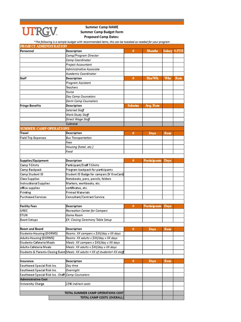 Summer Camp Budget Template | PDF | Business