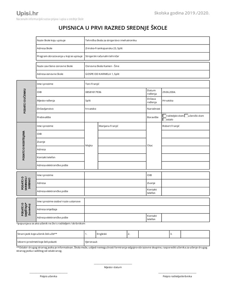 Upisnica U Prvi Razred Srednje Škole: Upisi - HR | PDF