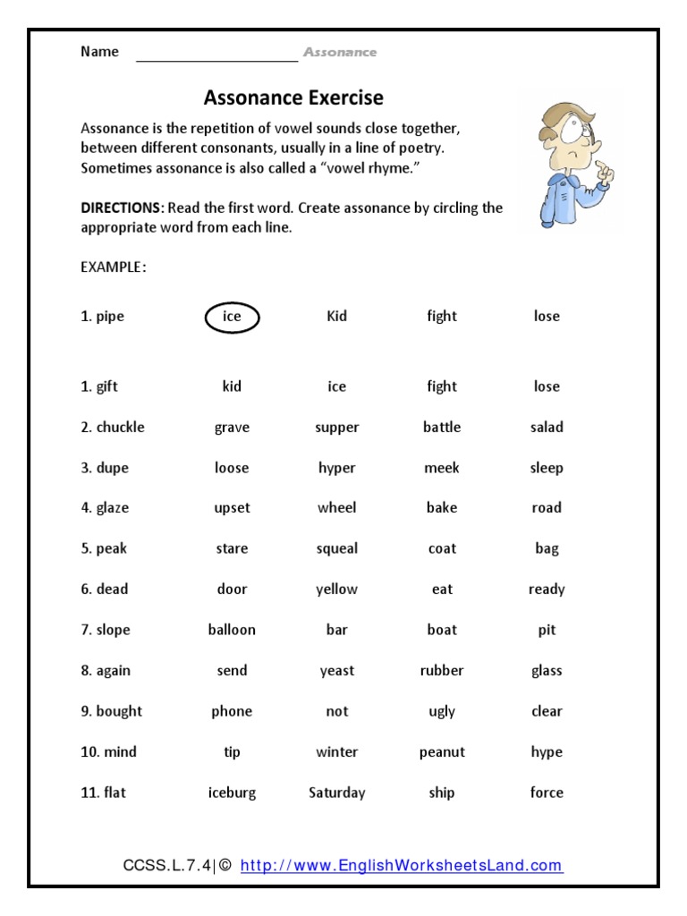 Assonance Exercise: DIRECTIONS: Read The First Word. Create Assonance ...