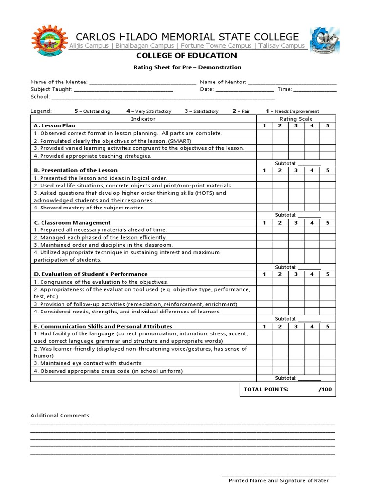 Rating Sheet for Teaching Demonstration | PDF | Mentorship | Lesson Plan