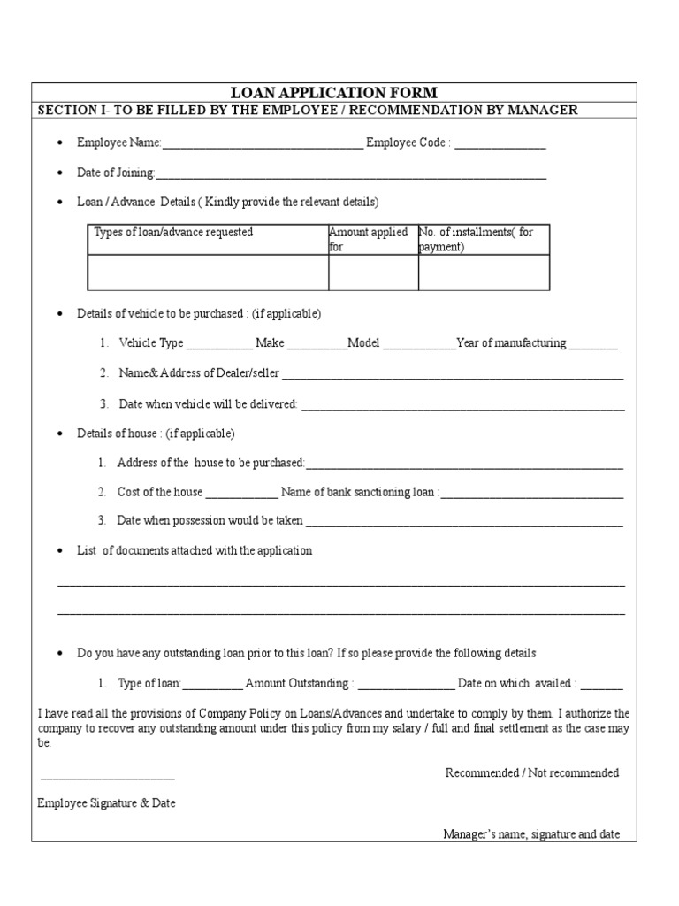 Loan Application Form: Section I-To Be Filled by The Employee ...