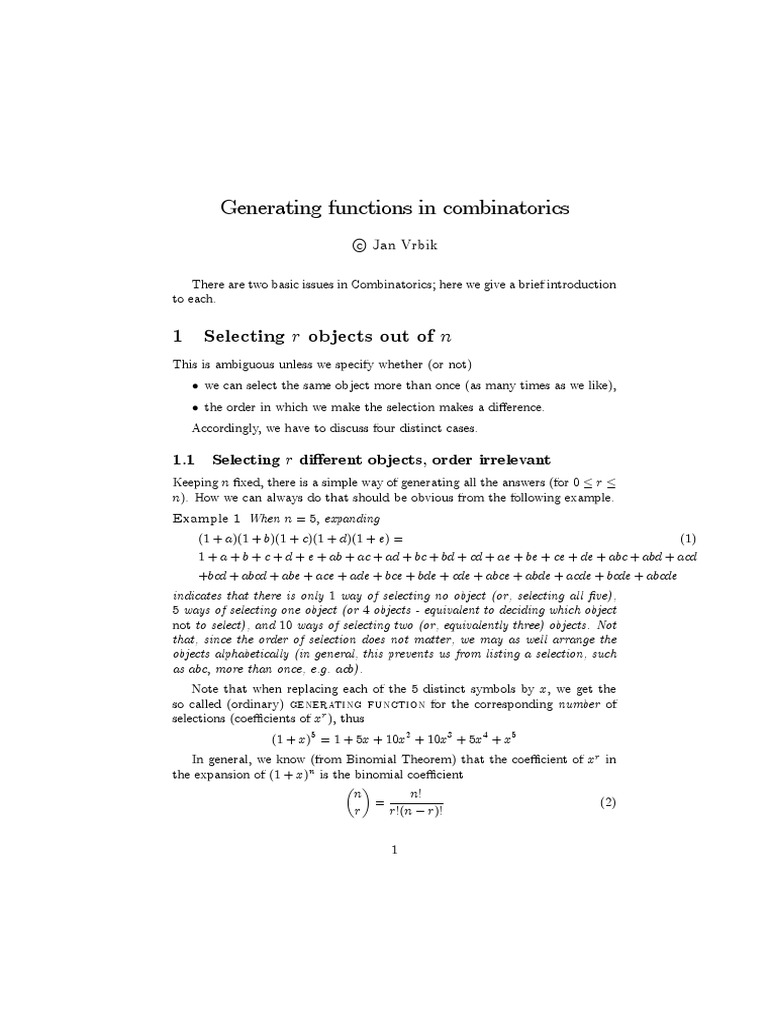Generating Functions In Combinatorics 1 Selecting R Objects Out Of N