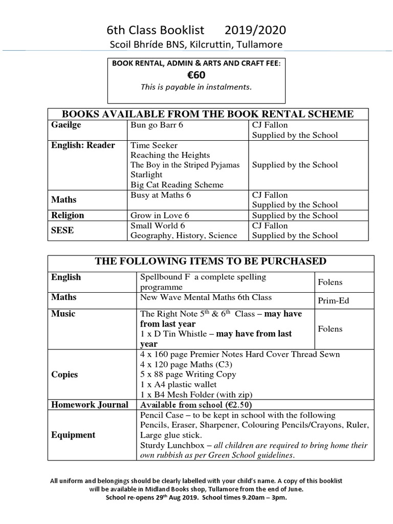 6th Class Booklist 2019/2020 Tullamore | PDF | Stationery ...