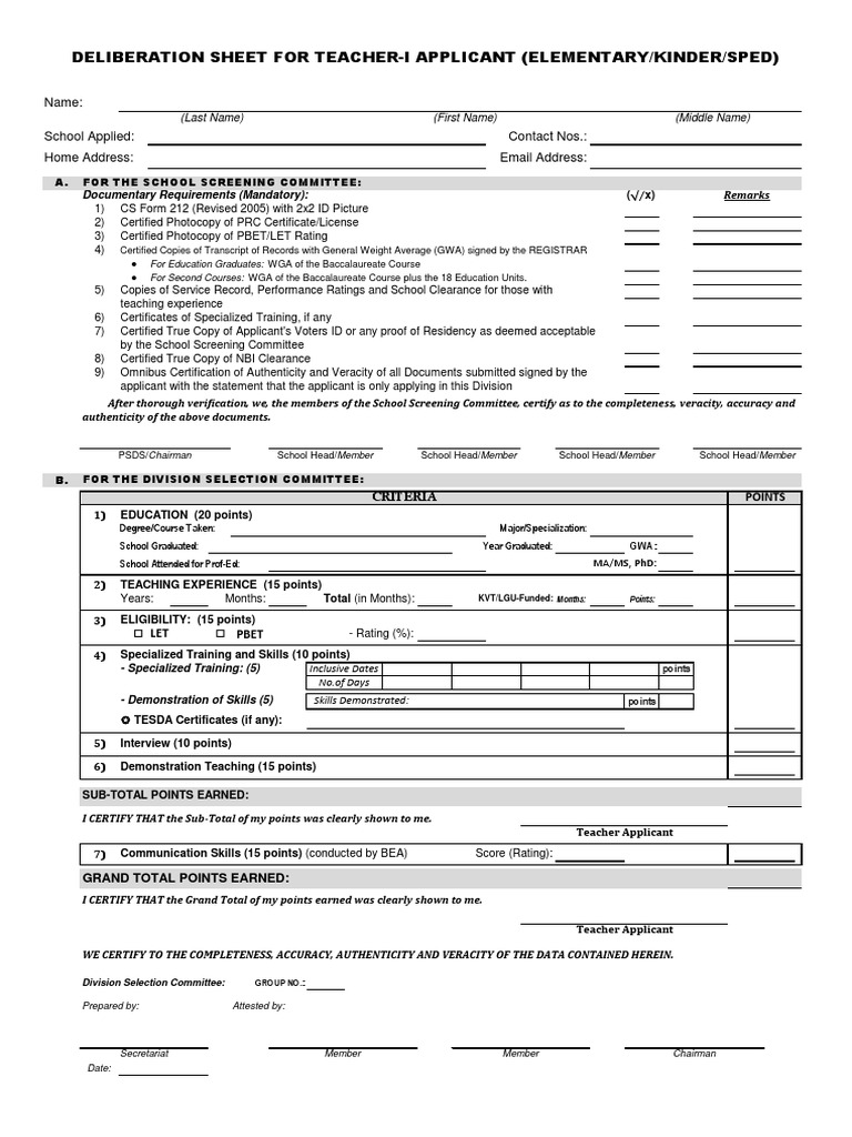 Deliberation Sheet For Teacher-I Applicant 2019 - ELEMENTARY PDF | PDF Deliberation Sheet For Teacher-I Applicant 2019 - ELEMENTARY PDF | PDF