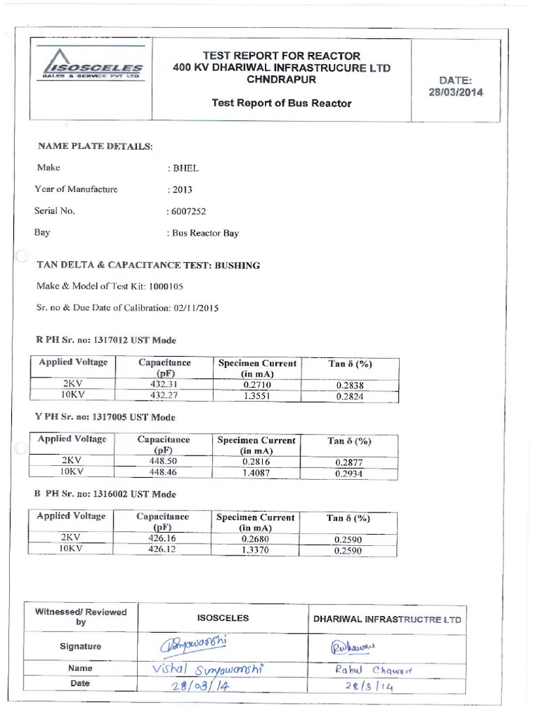 Tan Delta Test Report of Bus Reactor | PDF