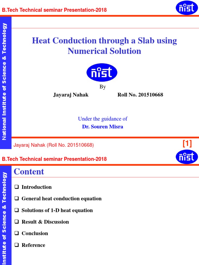 Heat Conduction Through A Slab Using Numerical Solution: B.Tech ...