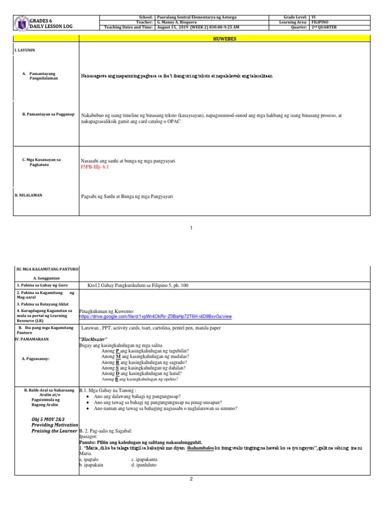 Cot Grade V Observation DLL - Filipino-5 - q1 - w2 | PDF