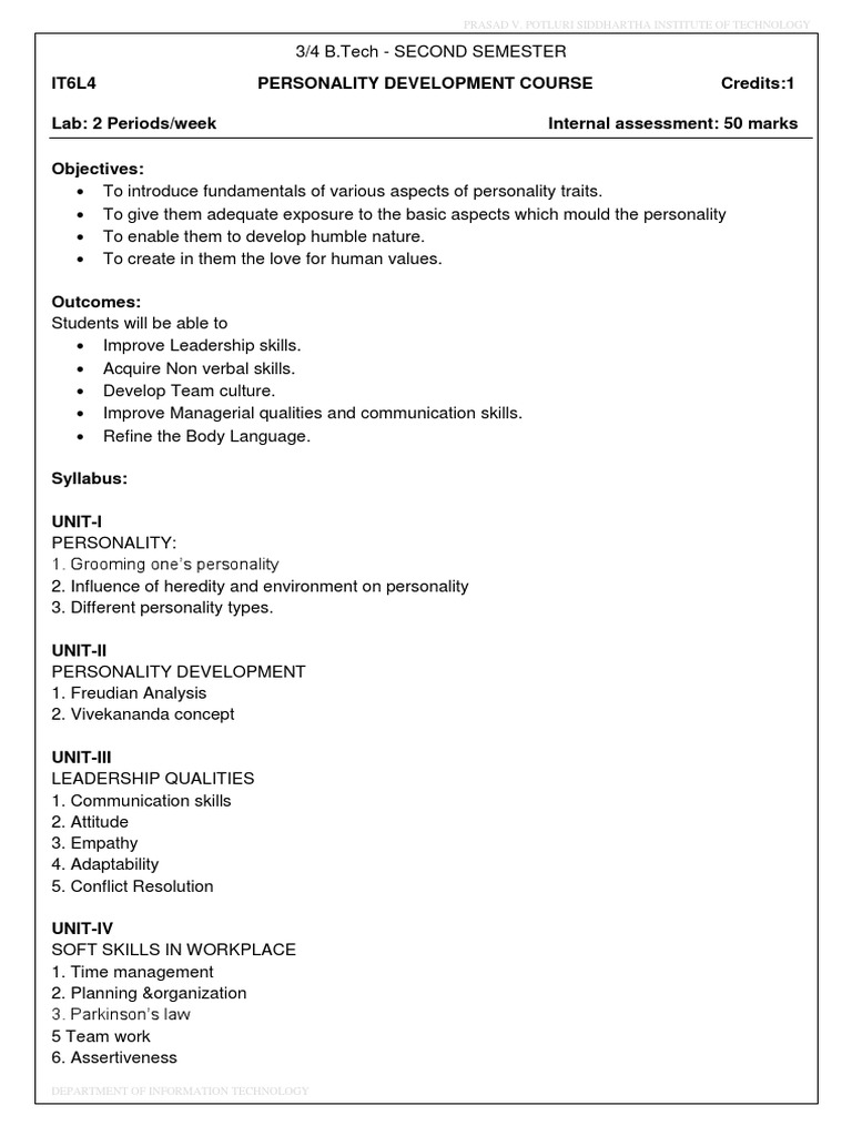 Personality Development Course Lab Syllabus | PDF