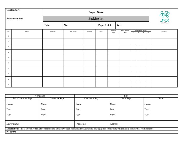 Packing List: Contractor: Project Name | PDF