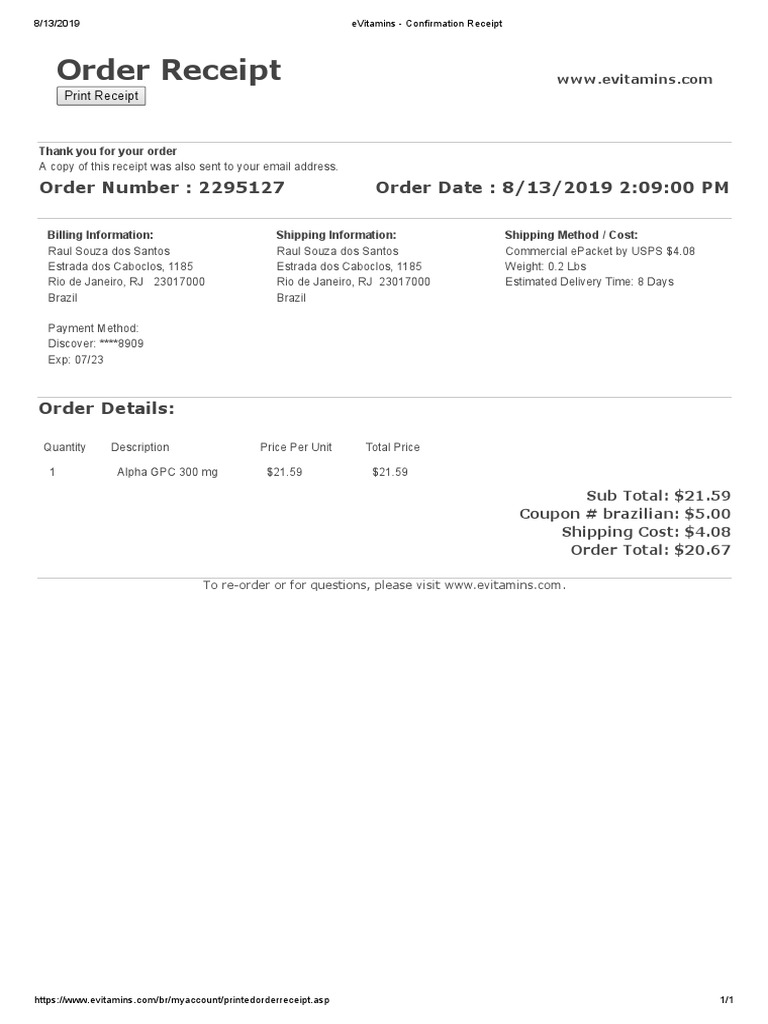 eVitamins Order Receipt 8/13/19 | PDF