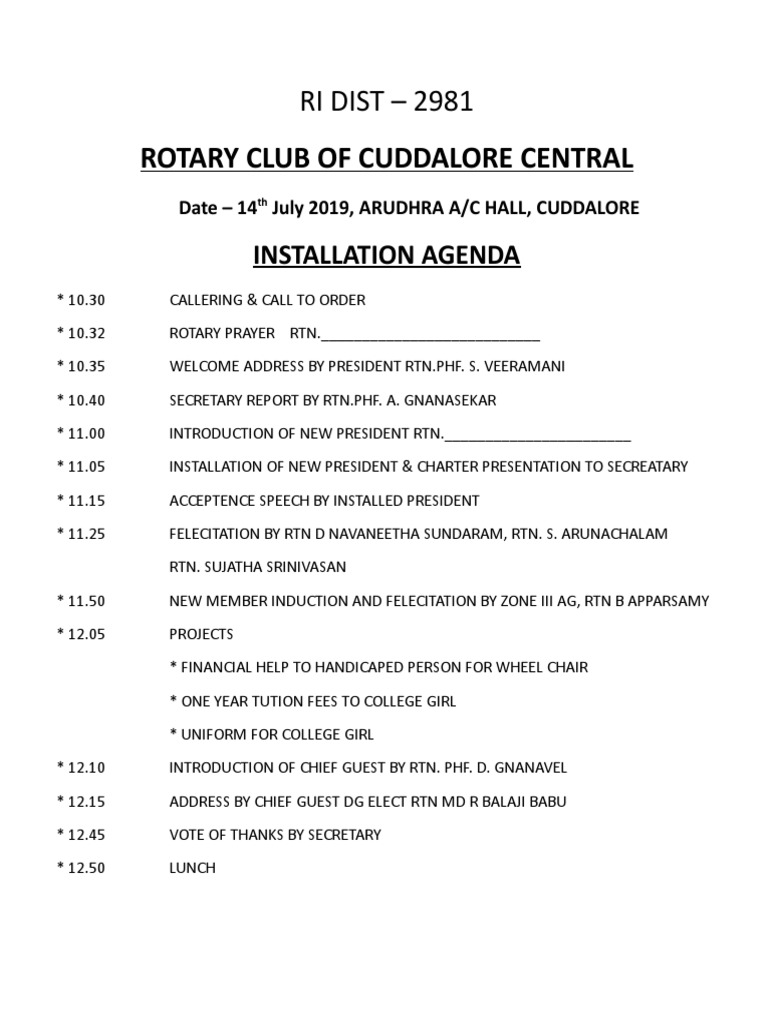 Agenda For Rotary Installation | PDF