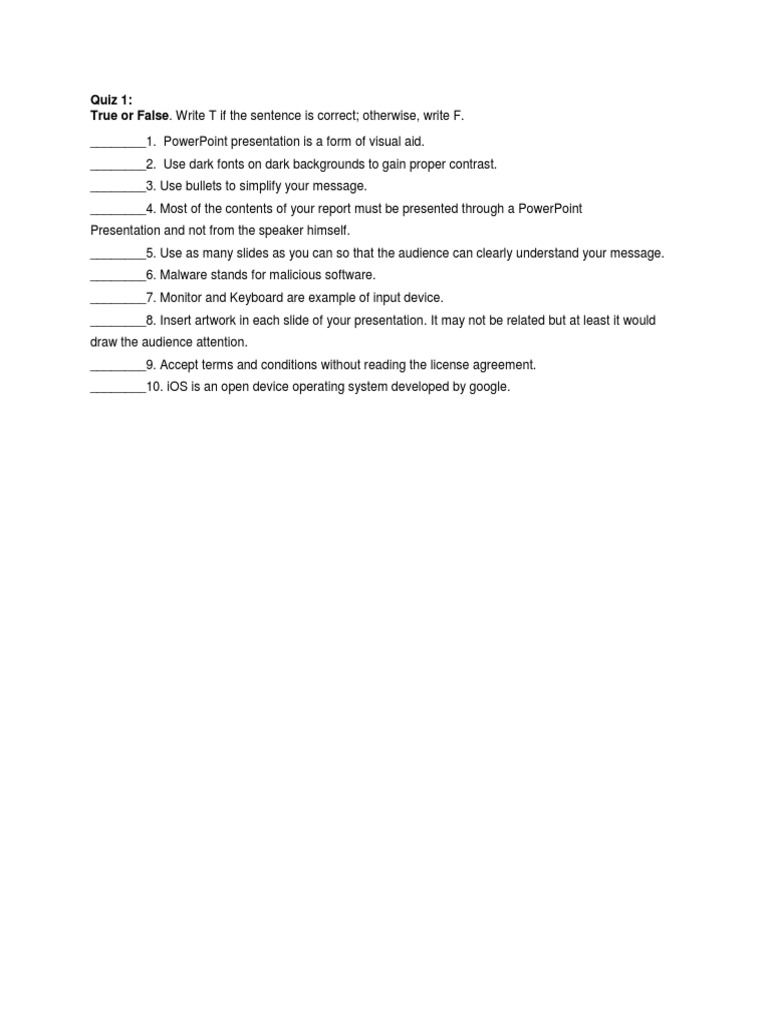 Quiz 1: True or False. Write T If The Sentence Is Correct Otherwise, Write F | PDF