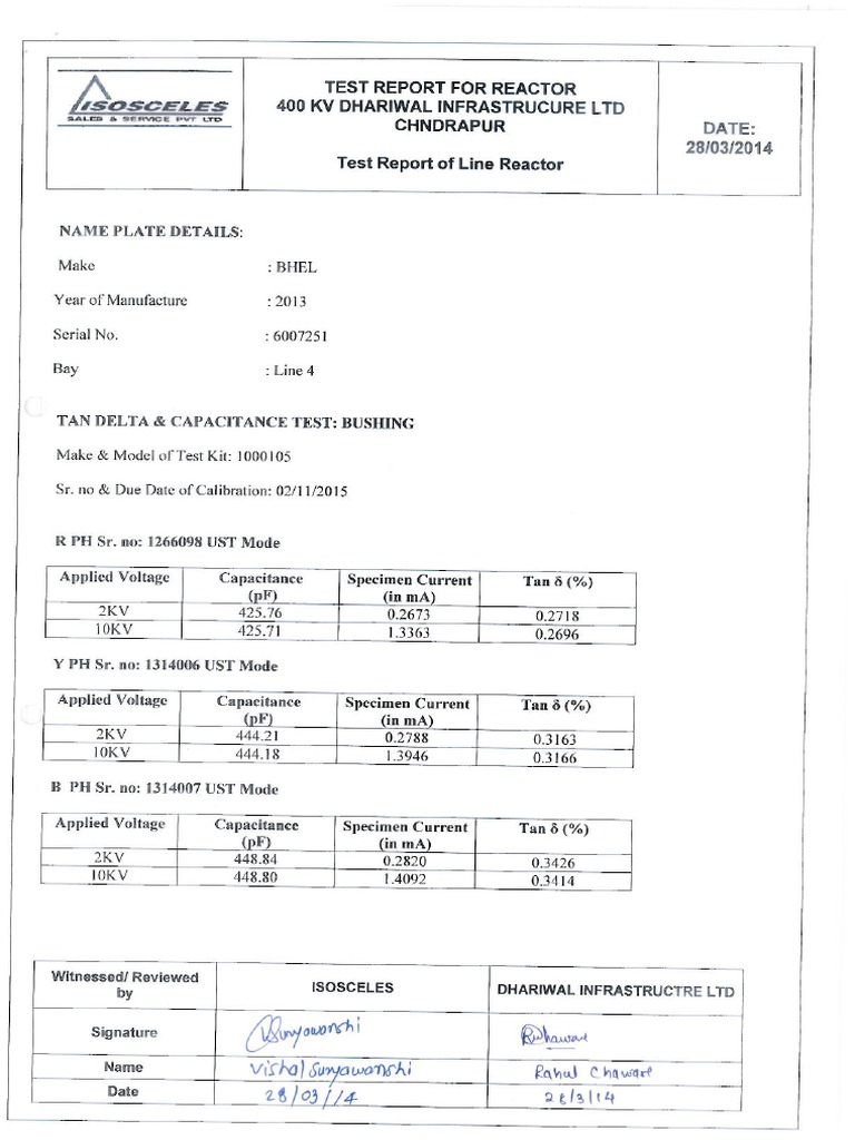 Tan Delta Test Report of 400 KV 63 MVAR Line Reactor | PDF