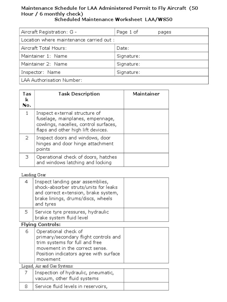50-Hour Aircraft Maintenance Checklist | PDF | Brake | Landing Gear